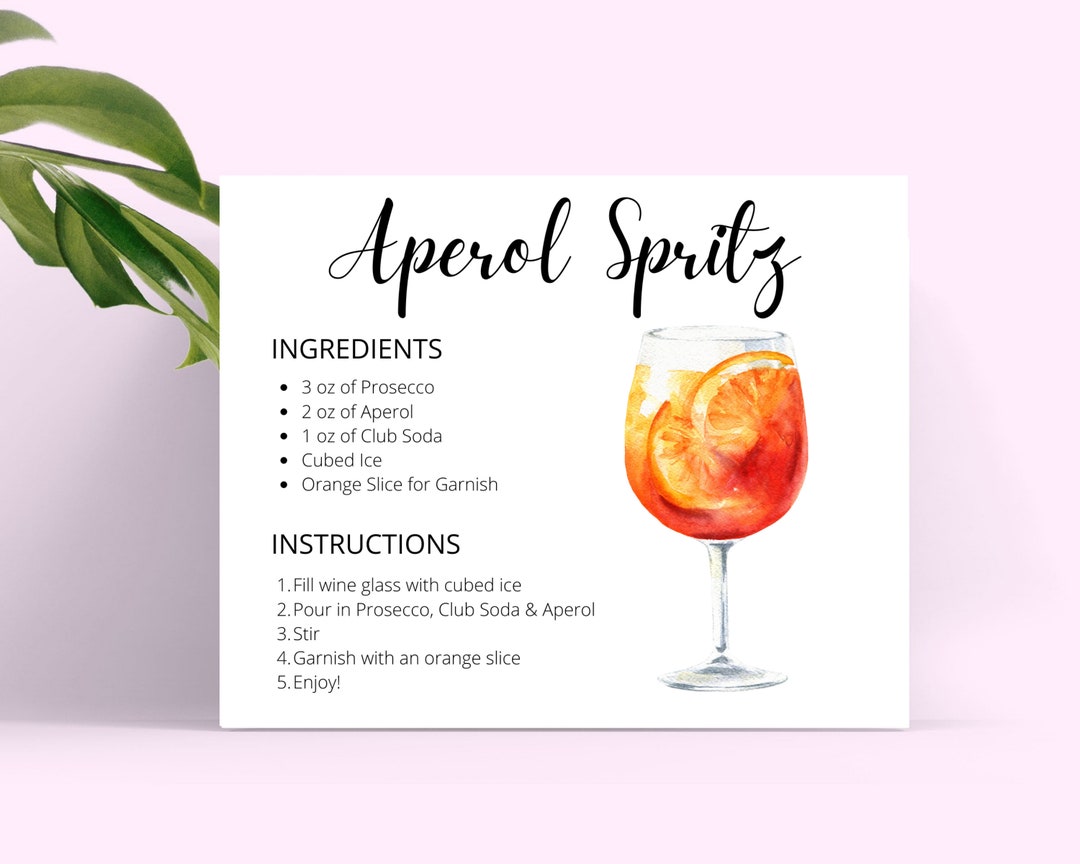 Aperol Spritz DIGITAL DOWNLOAD Cocktail Recipe Card, Cocktail Recipe ...