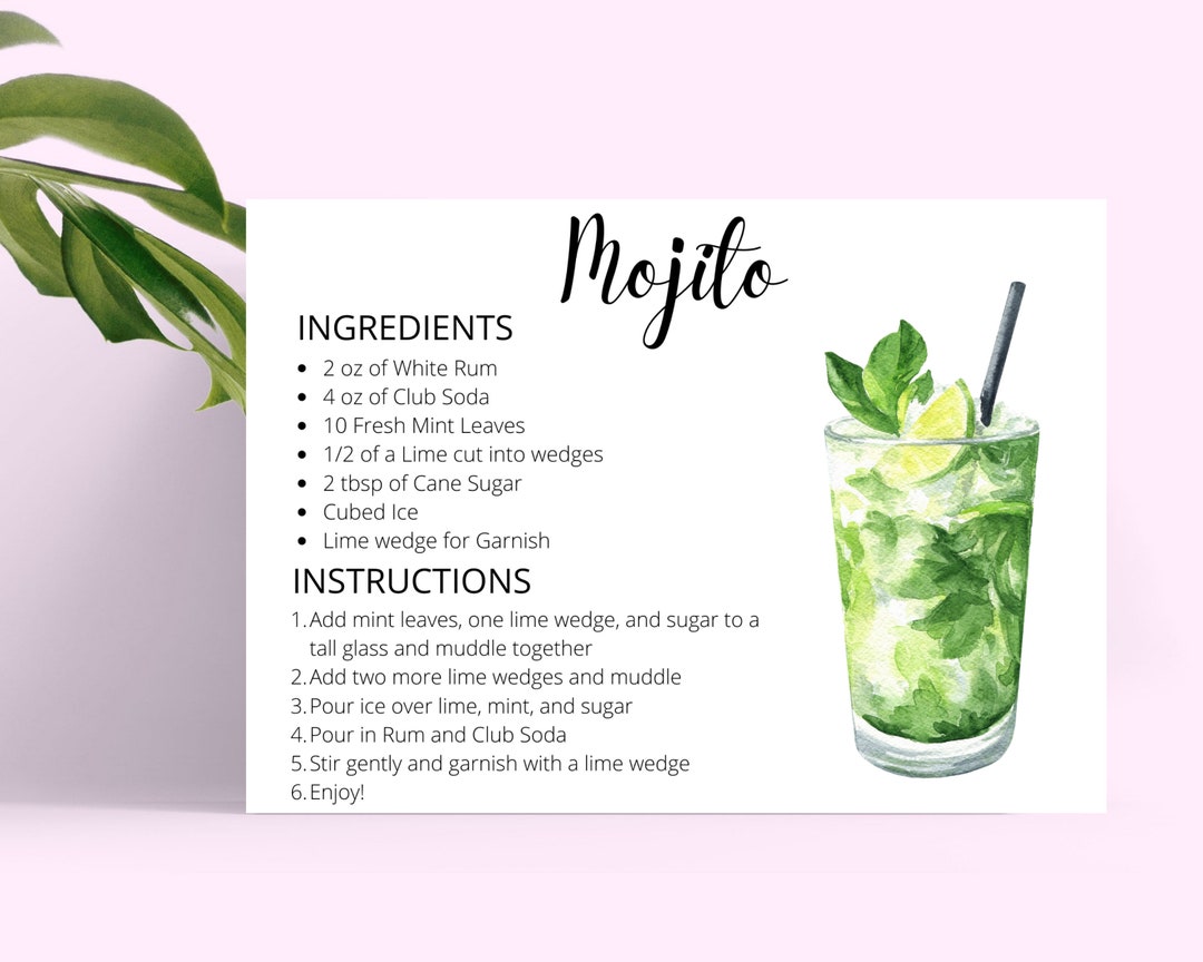 Mojito DIGITAL DOWNLOAD Cocktail Recipe Card, Cocktail Recipe, Cocktail ...