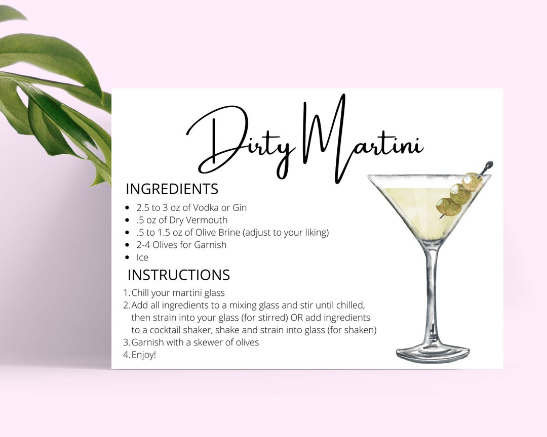 Dirty Martini DIGITAL DOWNLOAD Cocktail Recipe Card 2.0, Cocktail ...