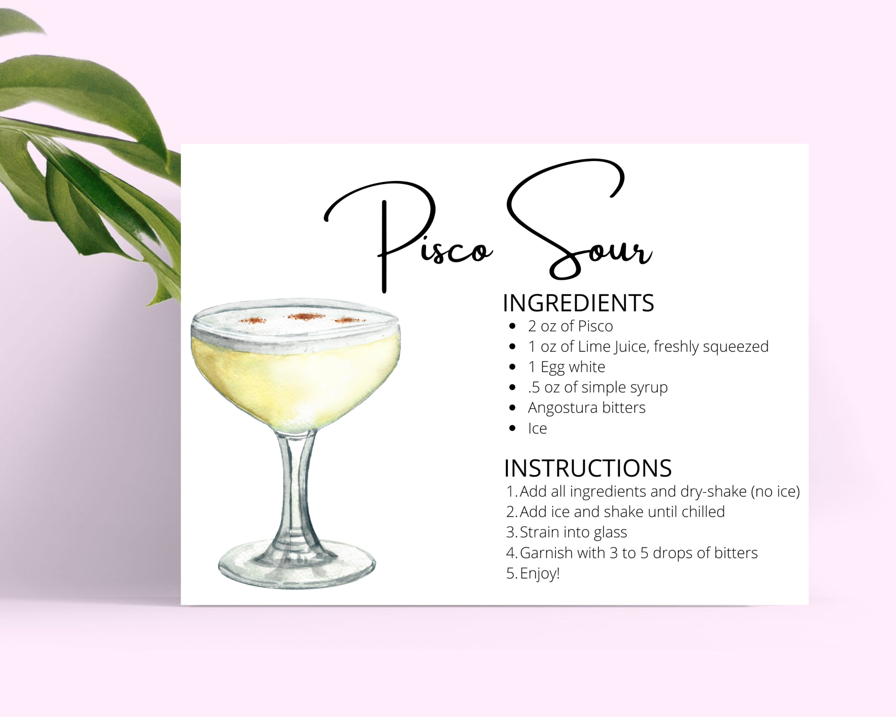 Pisco Sour DIGITAL DOWNLOAD Cocktail Recipe Card, Cocktail Recipe ...