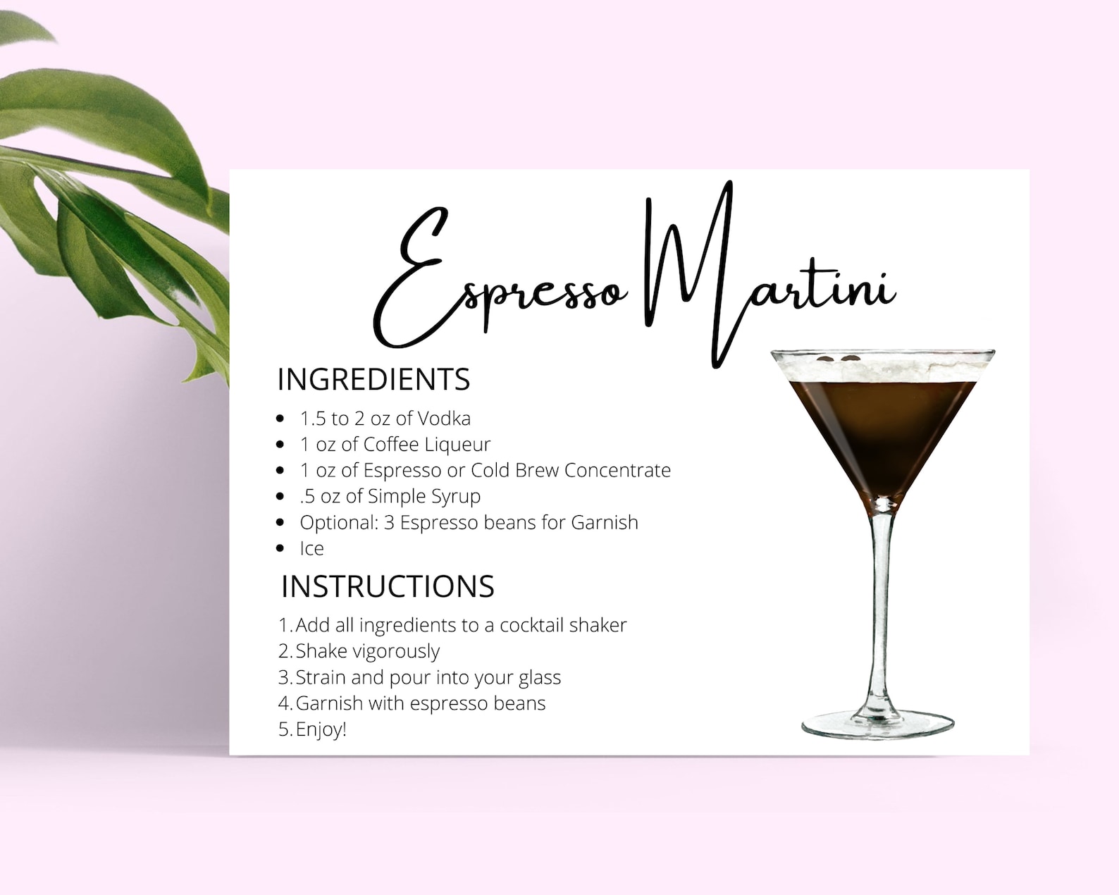 Espresso Martini DIGITAL DOWNLOAD Cocktail Recipe Card, Espresso ...