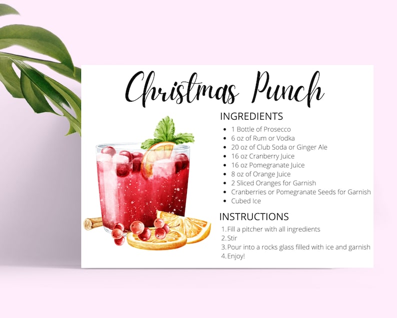 Christmas Punch DIGITAL DOWNLOAD Cocktail Recipe Card, Cocktail Recipes ...