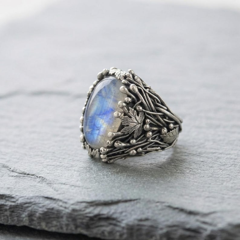 Custom Sterling Silver Nature Ring With Leaves. Your Choice of Stone ...