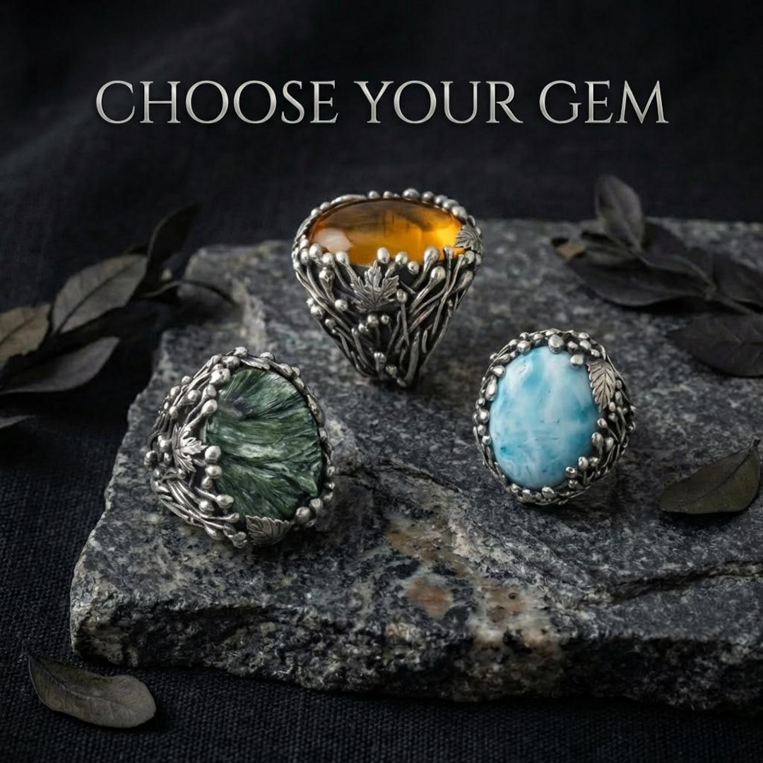 Custom Sterling Silver Nature Ring With Leaves. Your Choice of Stone ...