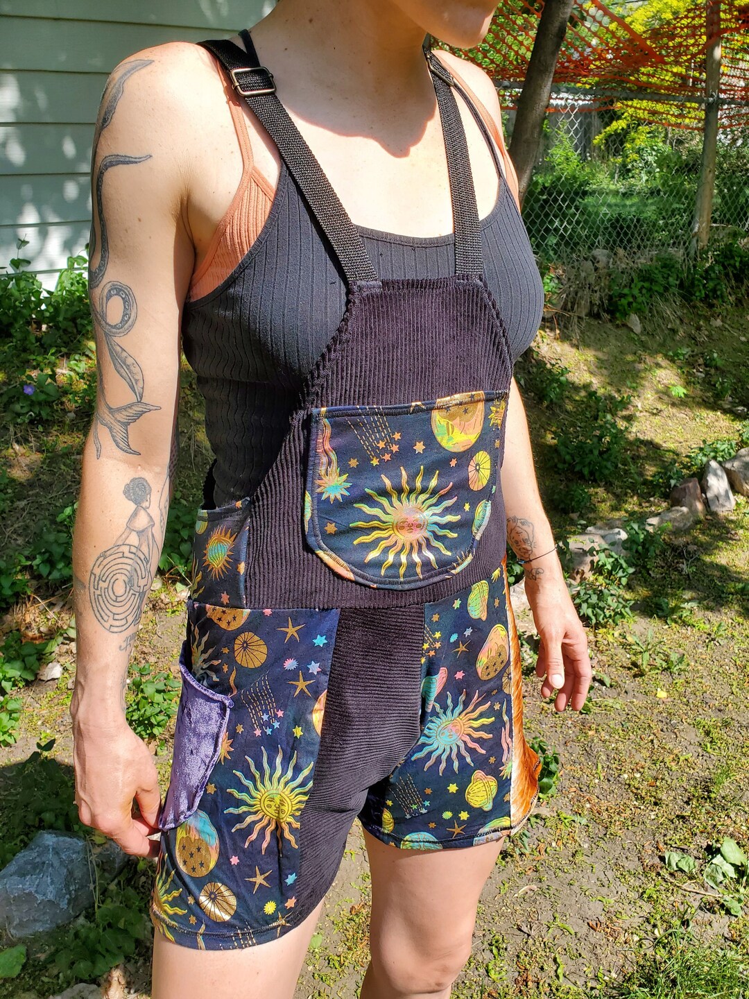 Cosmic Velvet and Corduroy, Sun and Moon Patchwork Shorts Overalls ...