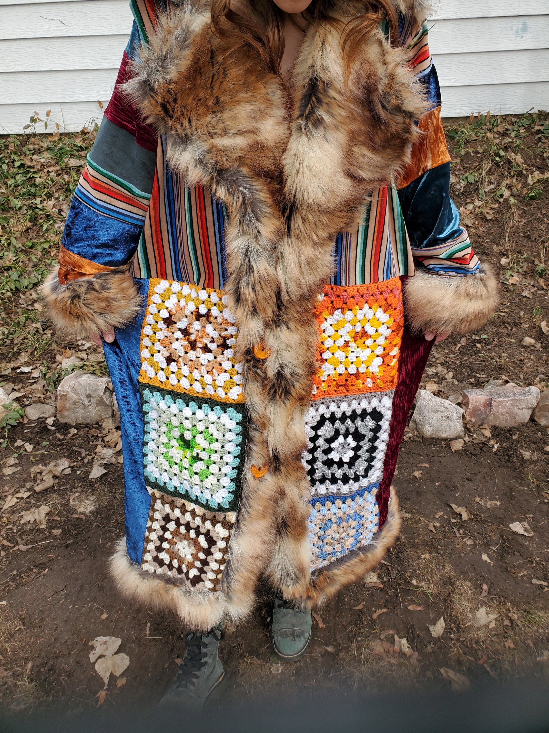 The Granny Square Pimp Coat Duster With Faux Fur Trim - Etsy UK