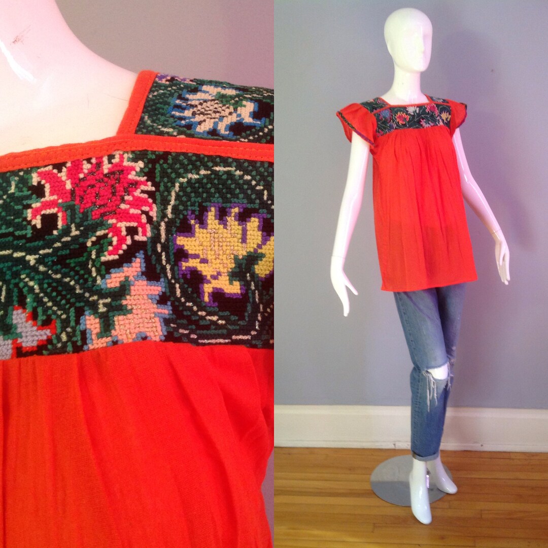 Vintage Ethnic Guatemalan Embroidered Tunic Top Sheer Cotton Boho ...
