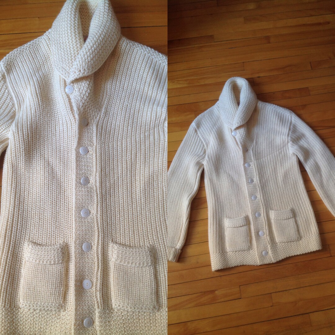Wool Curling Cardigan Sweater Vintage 40s Shawl Collar Chunky Unisex ...