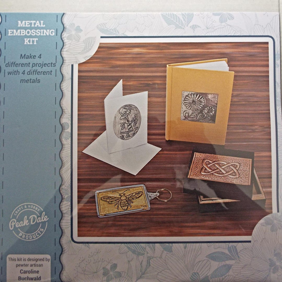 Metal Embossing Kit, 4 Craft Projects, Notebook, Key Fob, Wooden Box ...