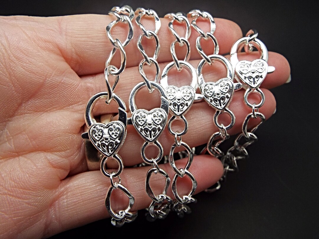 5 Silver Curb Chain Bracelets, 20cm With 12x8mm Link, Large Heart ...