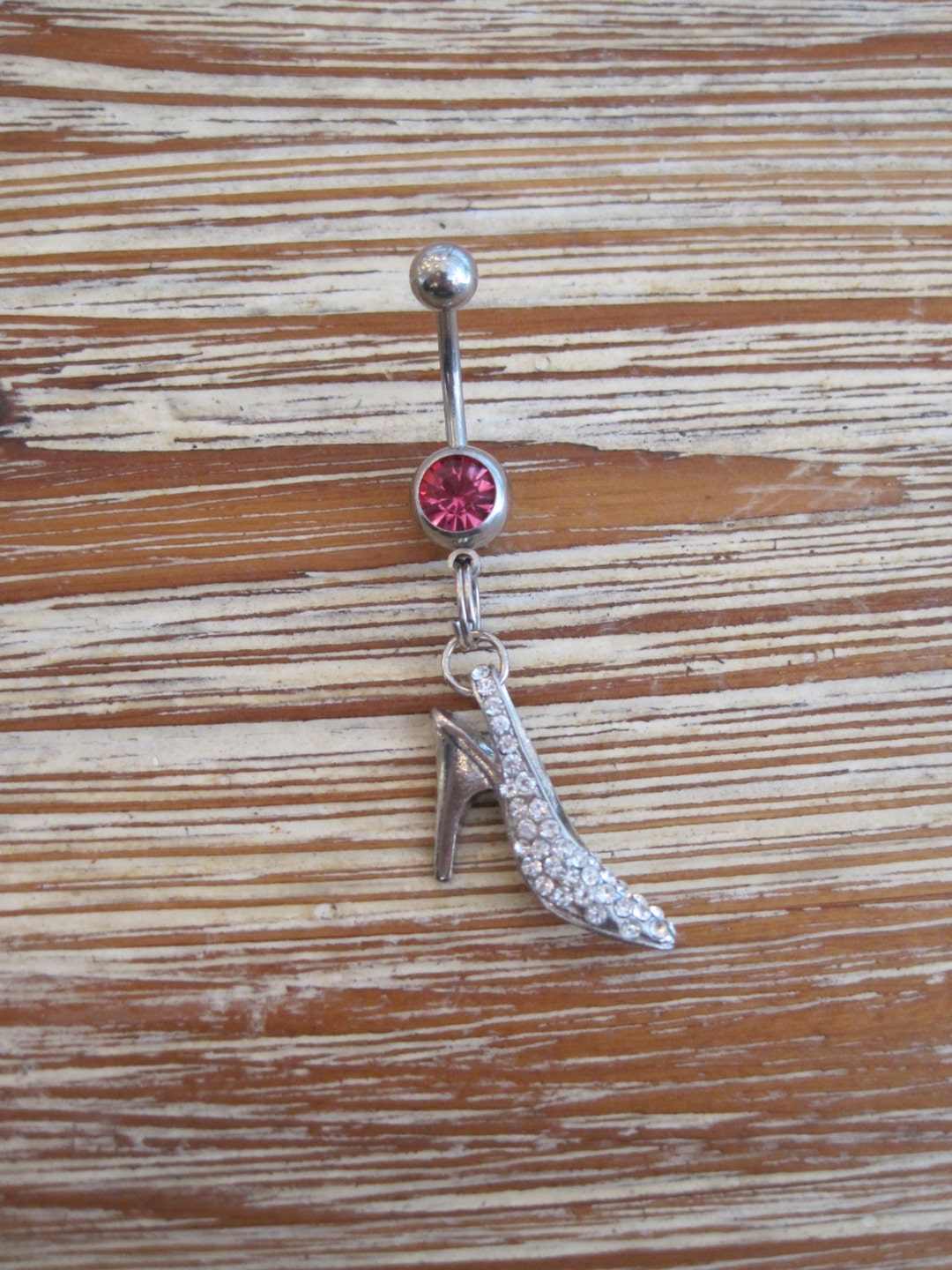 Belly Button Ring - Body Jewelry -silver Rhinestone High Heel With Pink ...