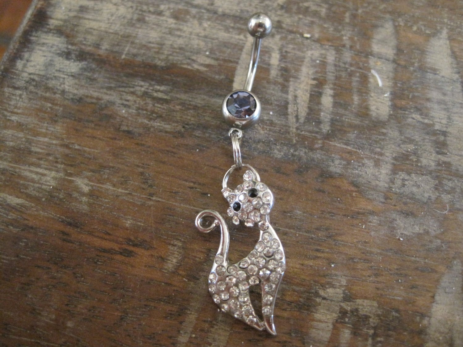 Belly Button Ring Body Jewelry silver Rhinestone Cat With Purple Gem ...