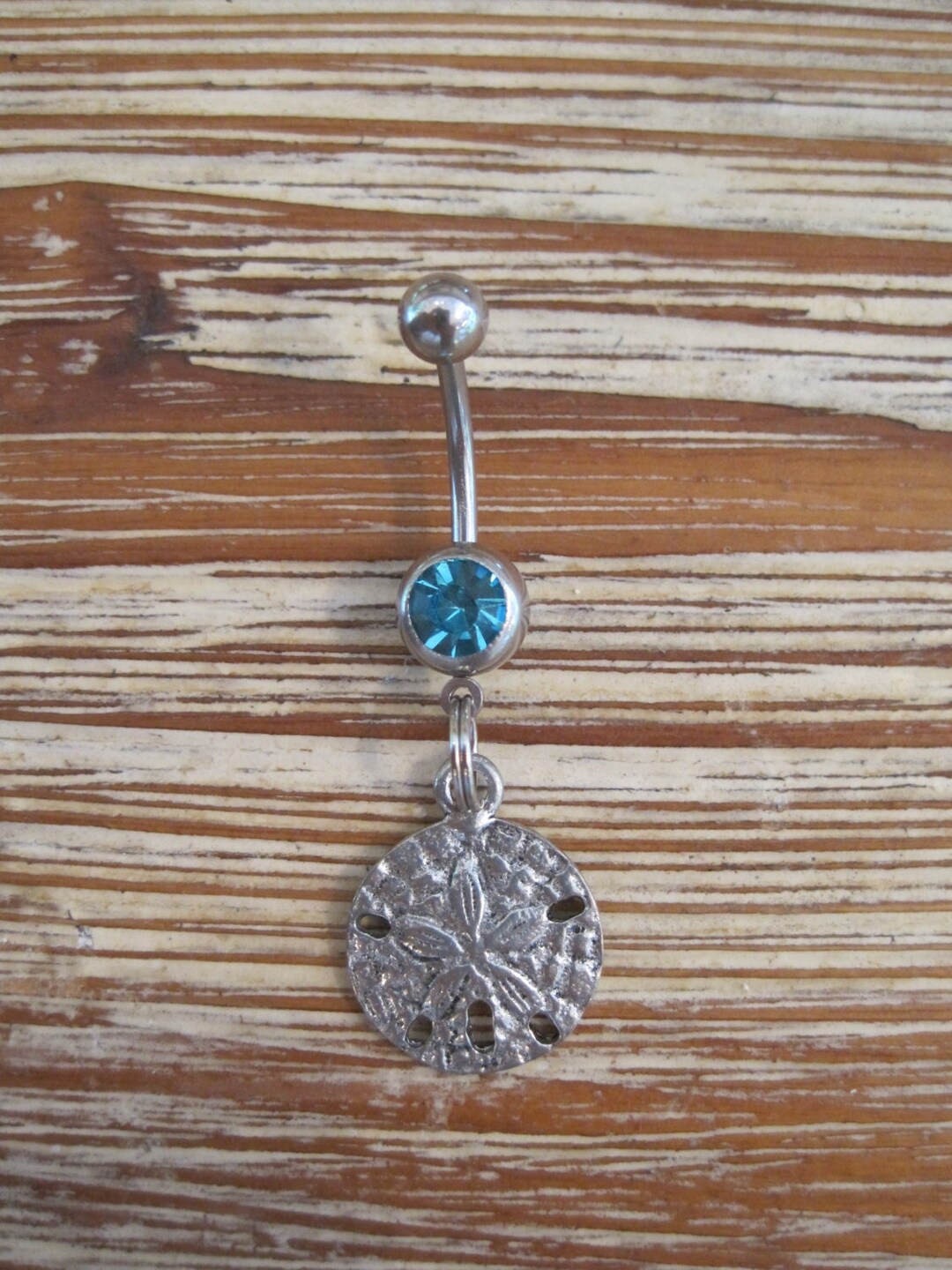 Belly Button Ring - Body Jewelry - Silver Sand Dollar With a Light Blue ...
