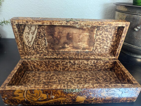 Antique 1906 Pyrography Wood-Burned Signed Jewelry Box - Gem