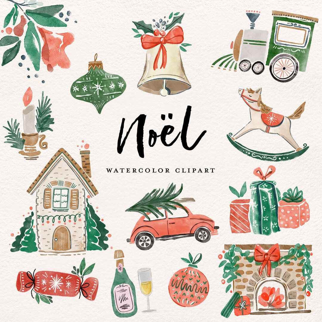 Christmas Watercolor Vintage Clipart - Xmas Tree Gifts Cozy Home - Etsy