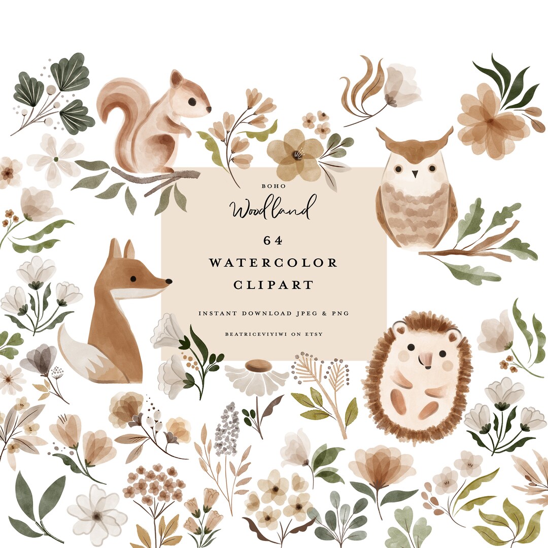Watercolor Woodland Animal Clipart - Boho Hand Painted Fox in Forest ...