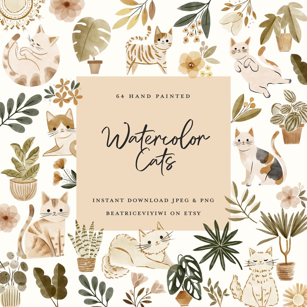 64 Watercolor Cat Clipart - Hand Painted Boho Pets - Hand Drawn ...