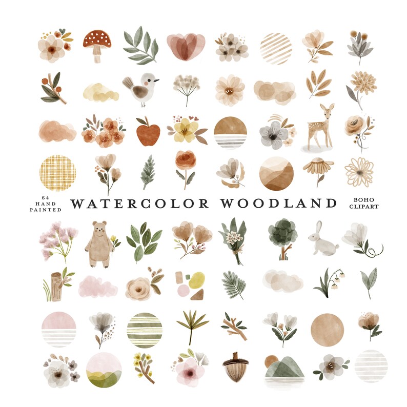 64 Boho Watercolor Woodland Animal Clipart - Hand Painted Autumn Cute ...
