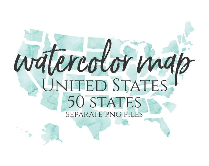 Watercolor Mint Map Clipart United States of America Teal 50 States USA ...