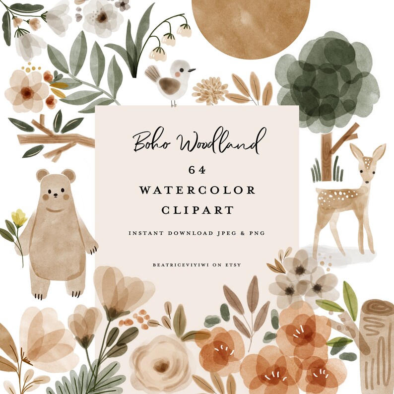 64 Boho Watercolor Woodland Animal Clipart Hand Painted - Etsy