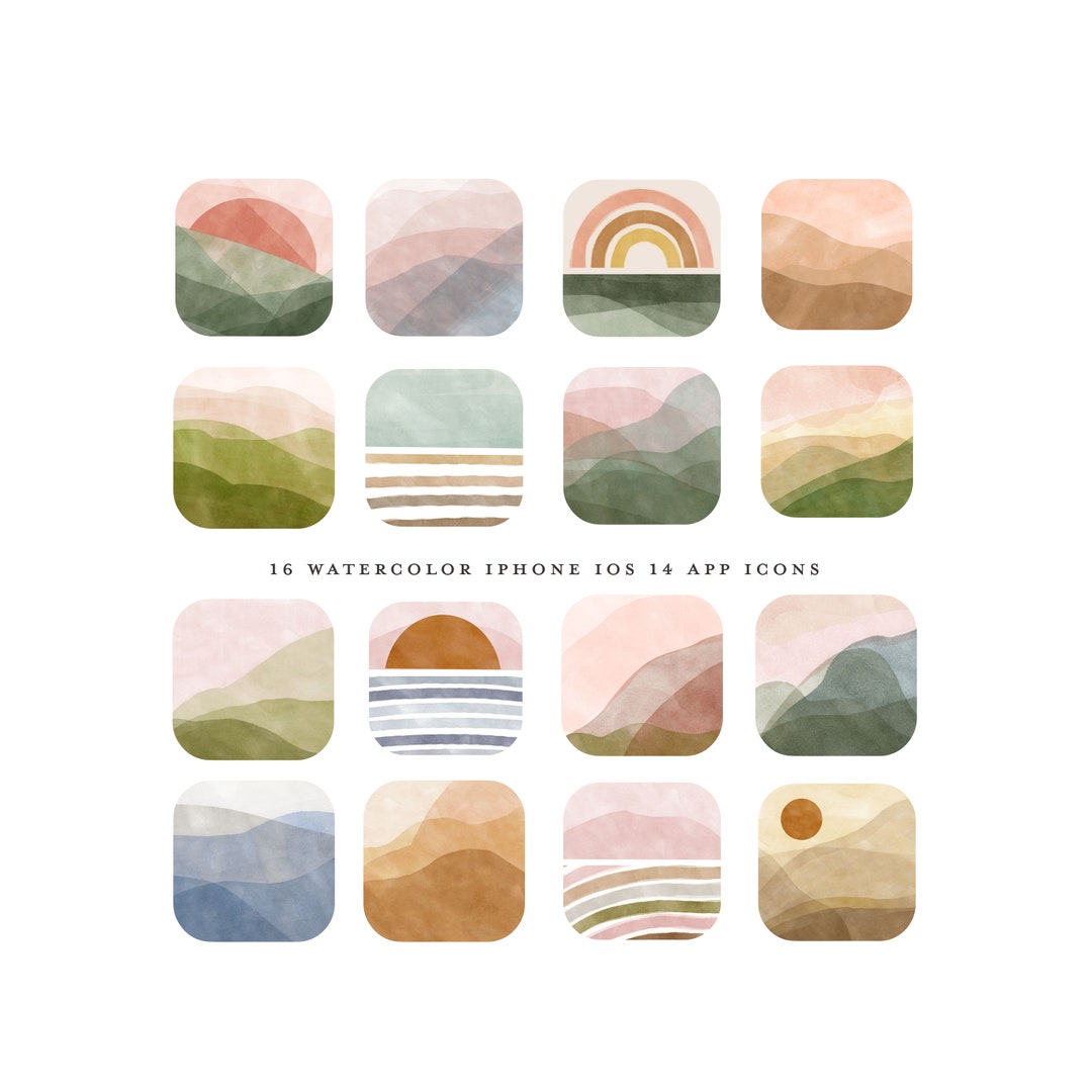 Watercolor iPhone Ios14 App Icons Hand Drawn Sun Hand Painted Rainbow ...