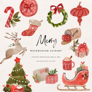 Christmas Watercolor Festive Clipart - Santa Reindeer Presents Wreath ...