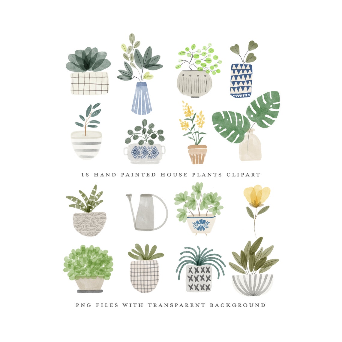 Boho Watercolor Clipart Hand Drawn Painted Potted Houseplants - Etsy