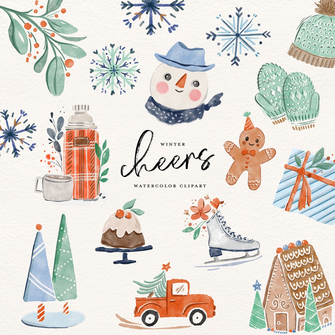Christmas Watercolor Vintage Clipart Winter Snowman Snowflakes Cozy ...