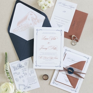 Invitation With Custom Wedding Venue Line Illustration + Vellum Belly ...