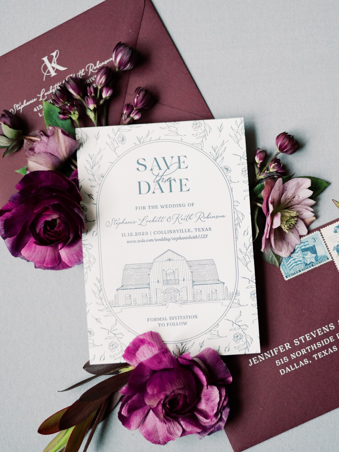 Burgundy and Green Letterpress Save the Date With Custom Wedding Venue ...