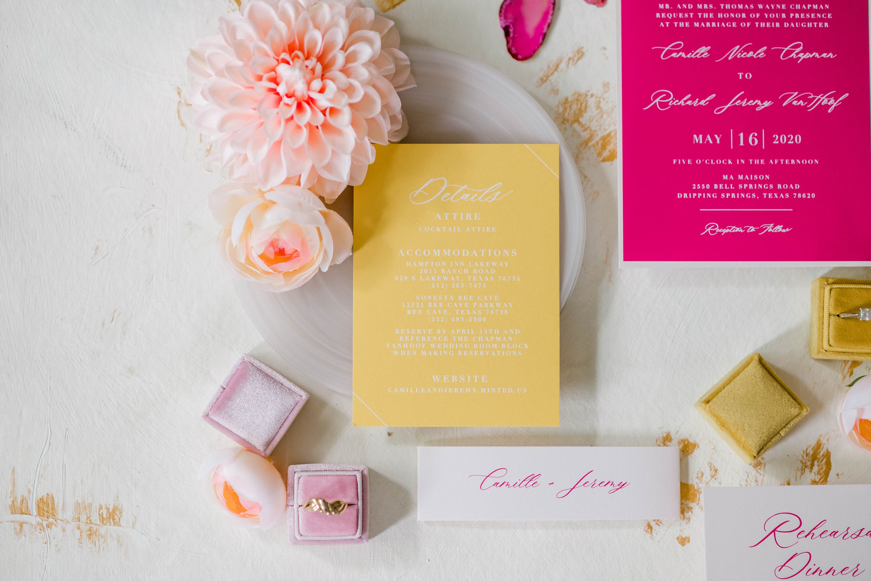 Modern Bright Wedding Invitation in Hot Pink with White Ink, Yellow ...