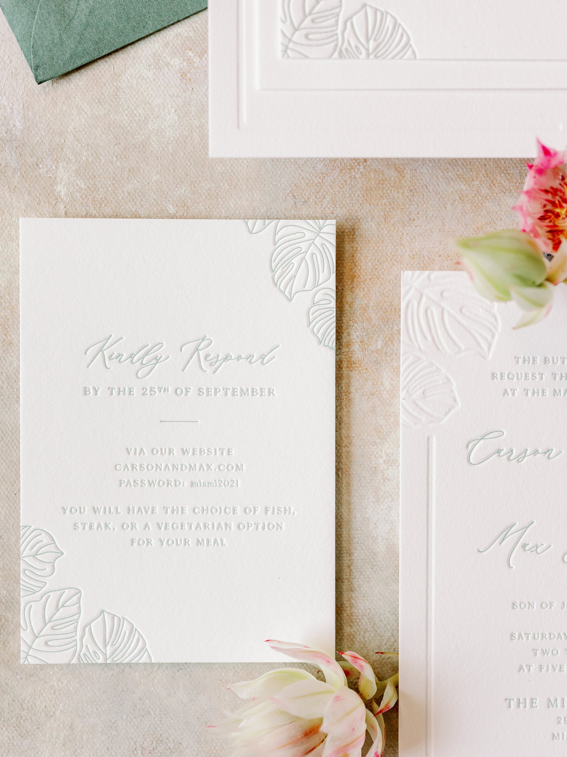 Destination Miami Wedding Invitation with Tropical Palm Leaves, Blind ...