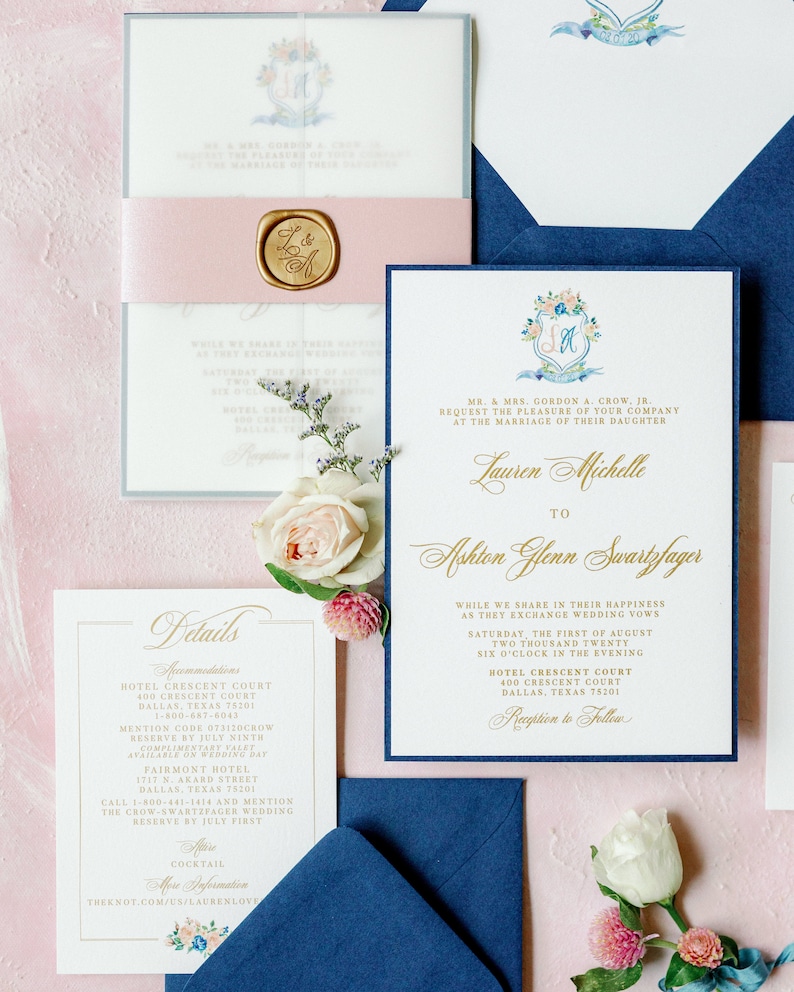 Custom Floral Water Color Monogram Crest in Navy Blue Blush & | Etsy