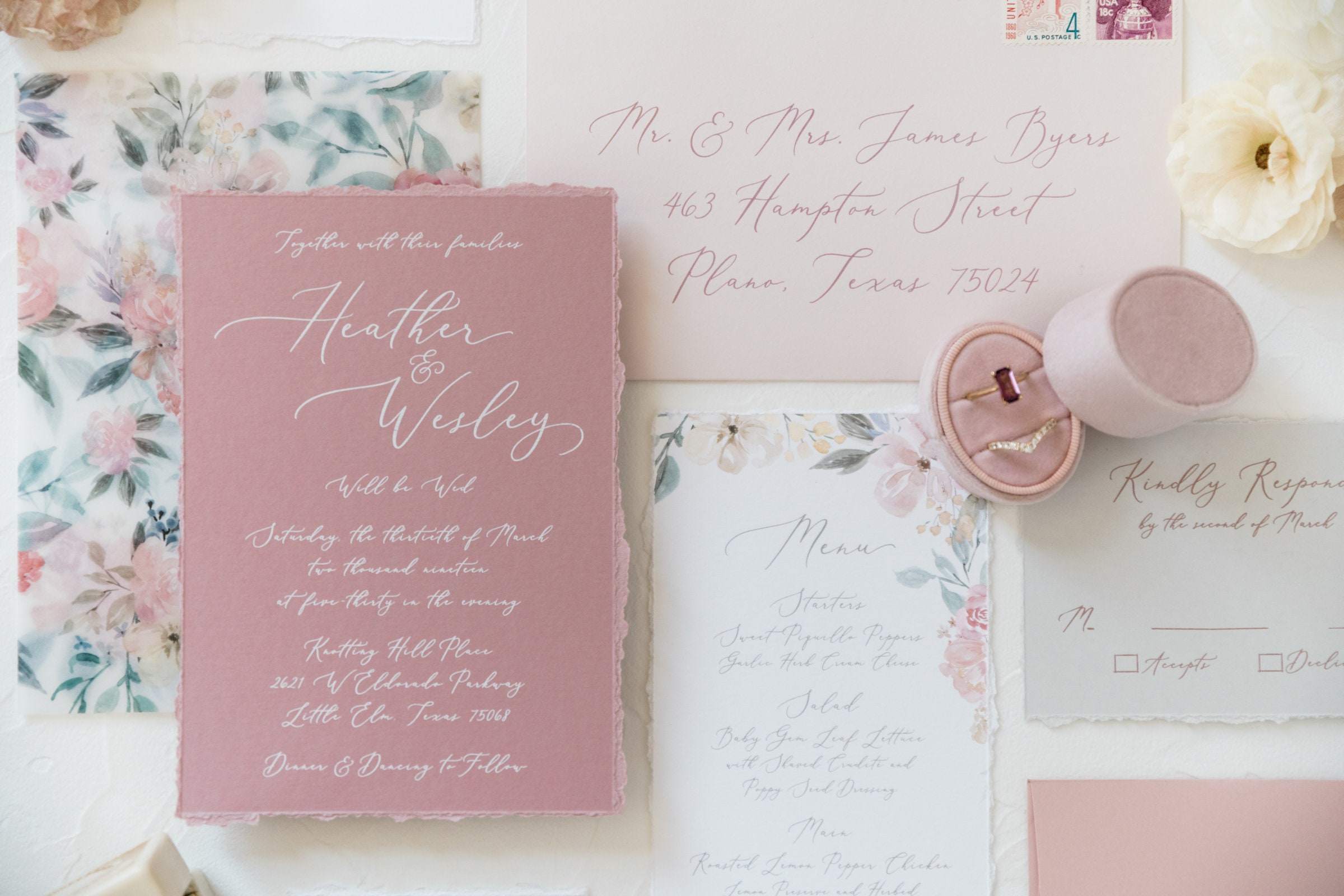 Floral Vellum Wrap Wedding Invitation on Dusty Rose White Ink ...