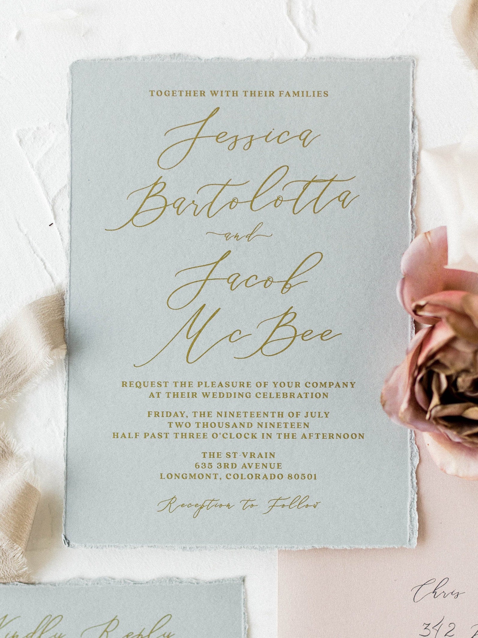 Grey, Blush & Metallic Gold Wedding Invitation with Torn Edges, Water ...