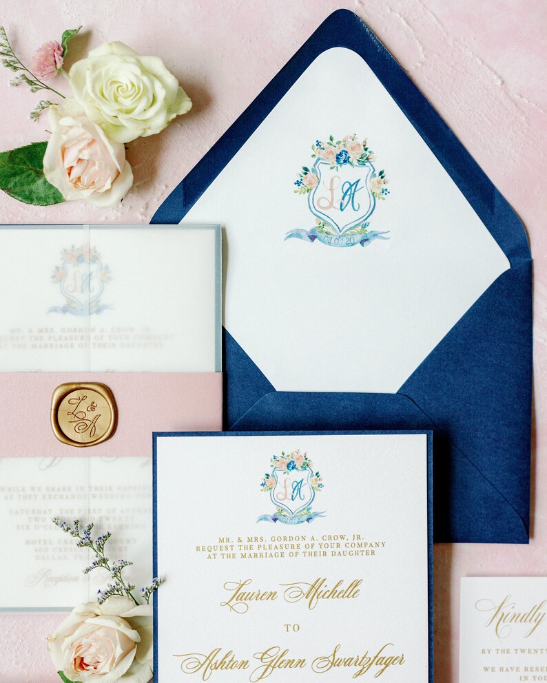 Custom Floral Water Color Monogram Crest in Navy Blue Blush & | Etsy