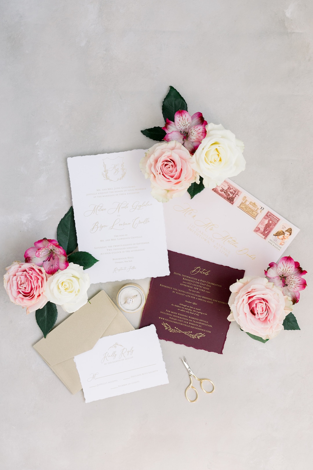 Deckled Edge Modern Calligraphy Floral Crest Wedding Invitation in Gold ...