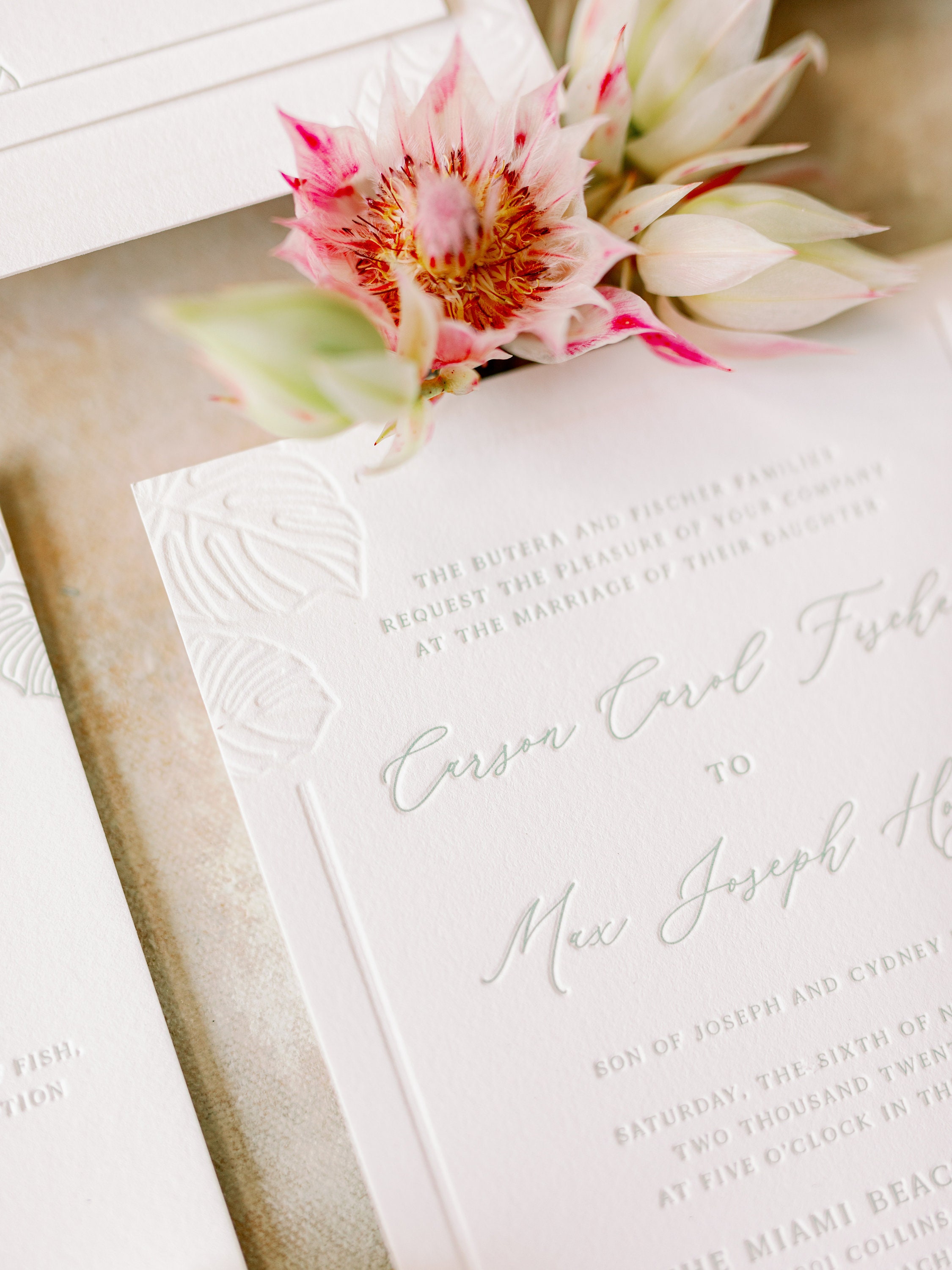 Destination Miami Wedding Invitation with Tropical Palm Leaves, Blind ...