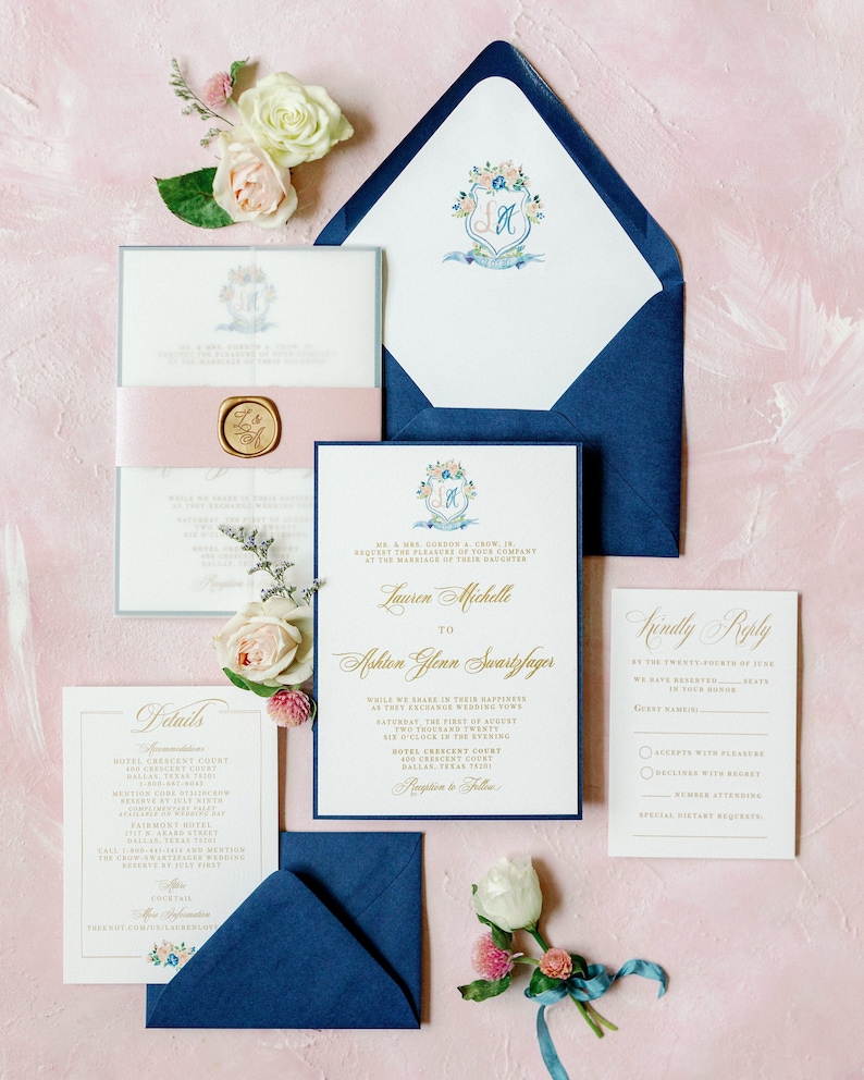 Custom Floral Water Color Monogram Crest in Navy Blue Blush & | Etsy