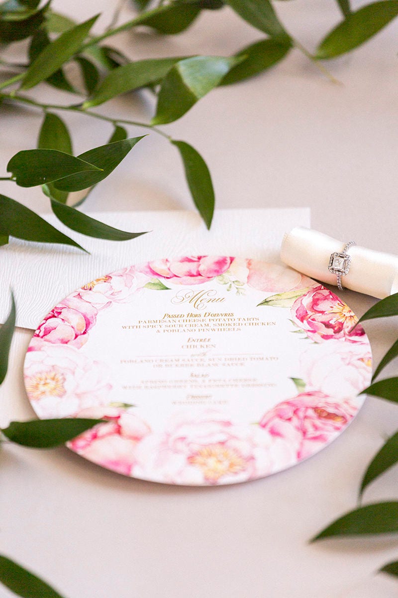 CUSTOM ORDER Circular Wedding Menu with Garden Flowers and Peonies in ...