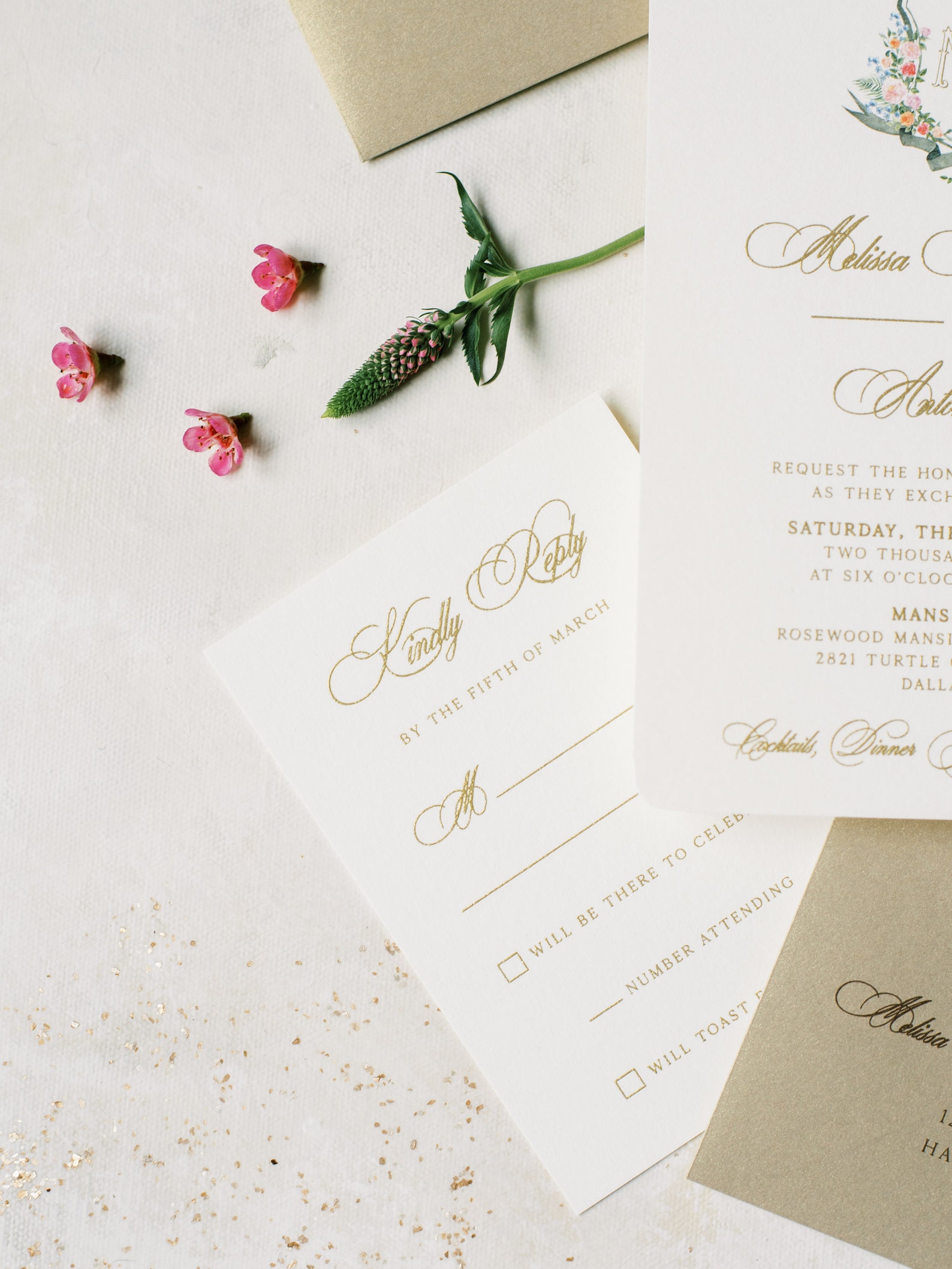 Gold Thermography Wedding Invitation: Watercolor Monogram Crest - Etsy