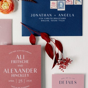 Simple + Clean Modern Wedding Invitation With Navy Blue Envelopes ...