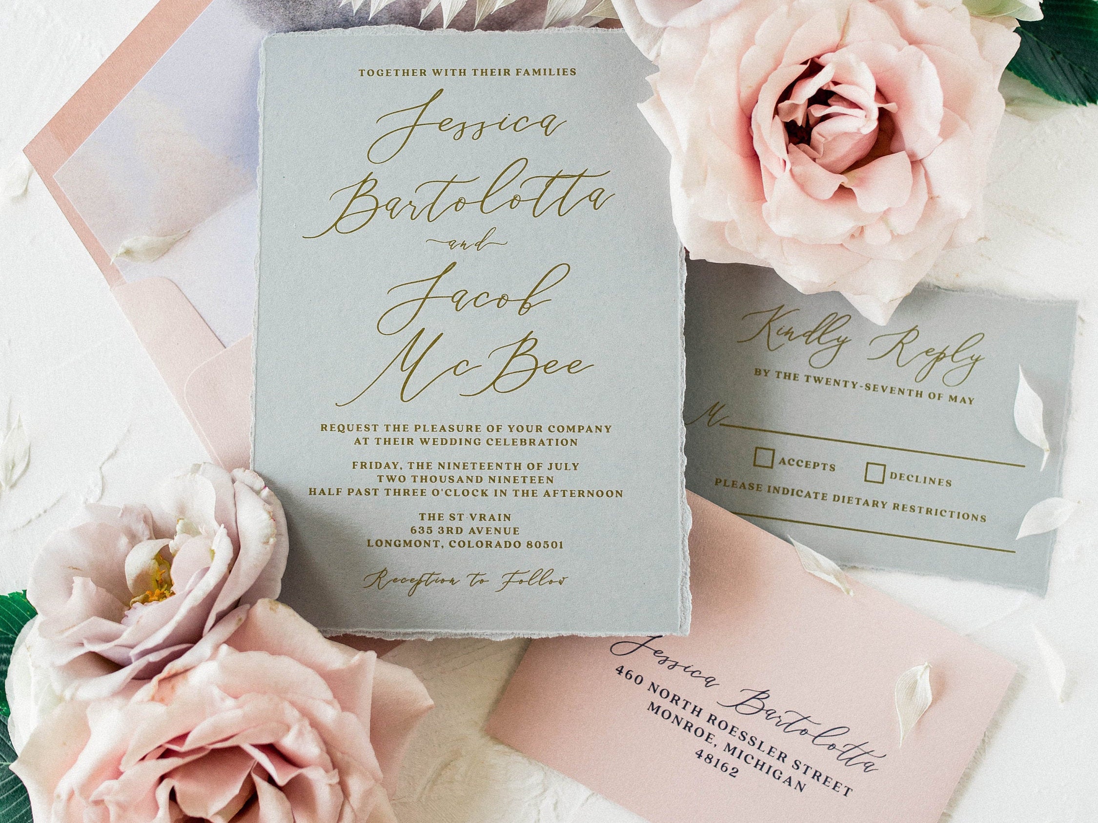 Deckle edge wedding invitation with line drawing and envelope in grey ...