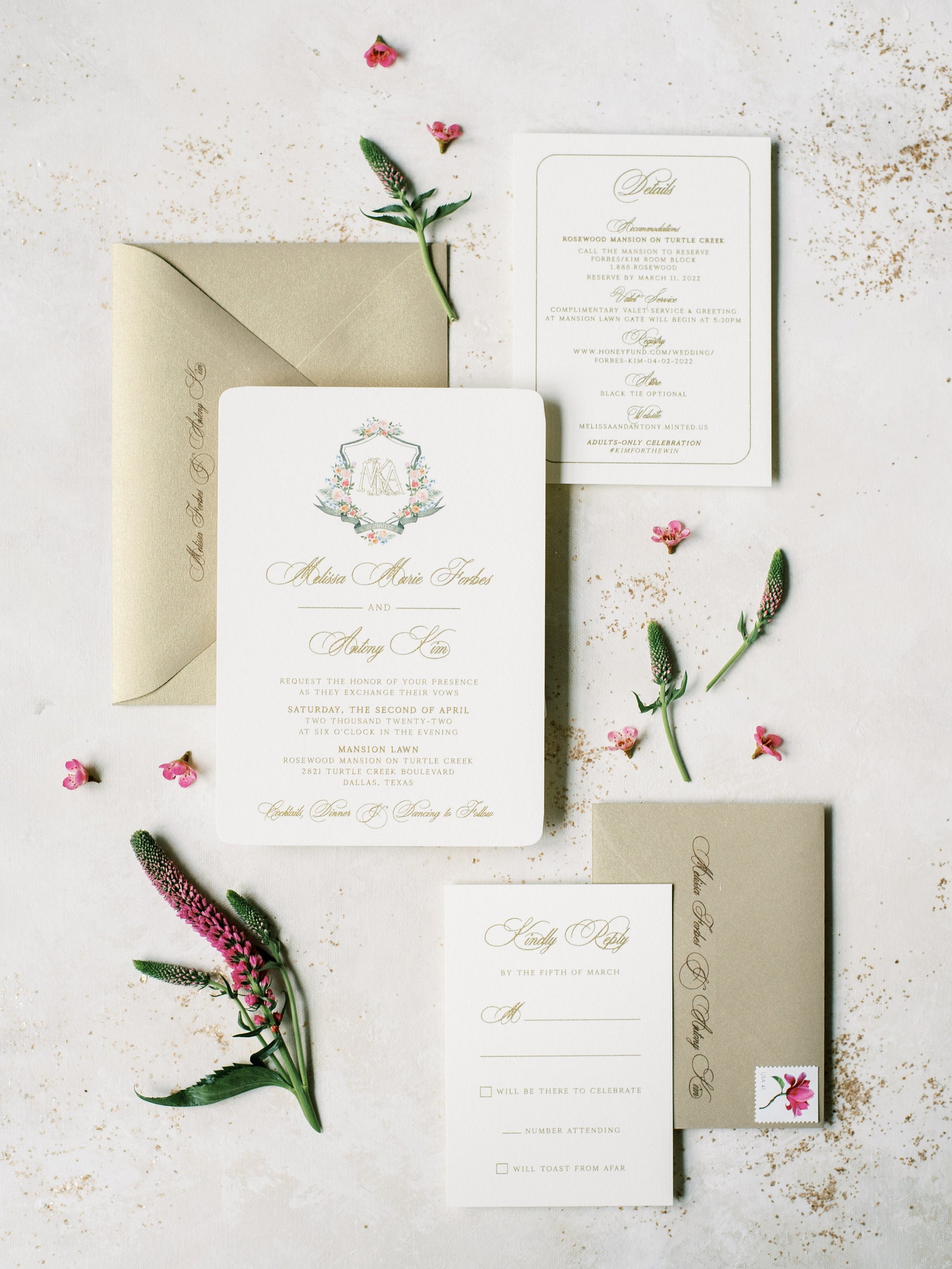 Gold Thermography Wedding Invitation: Watercolor Monogram Crest - Etsy