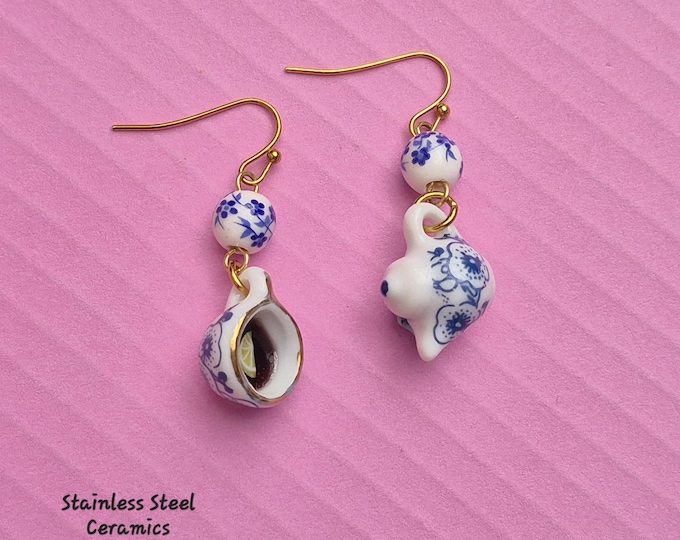 TEAPOT TEACUP Porcelain Ceramic Chinaware Mismatched Earrings Stainless ...