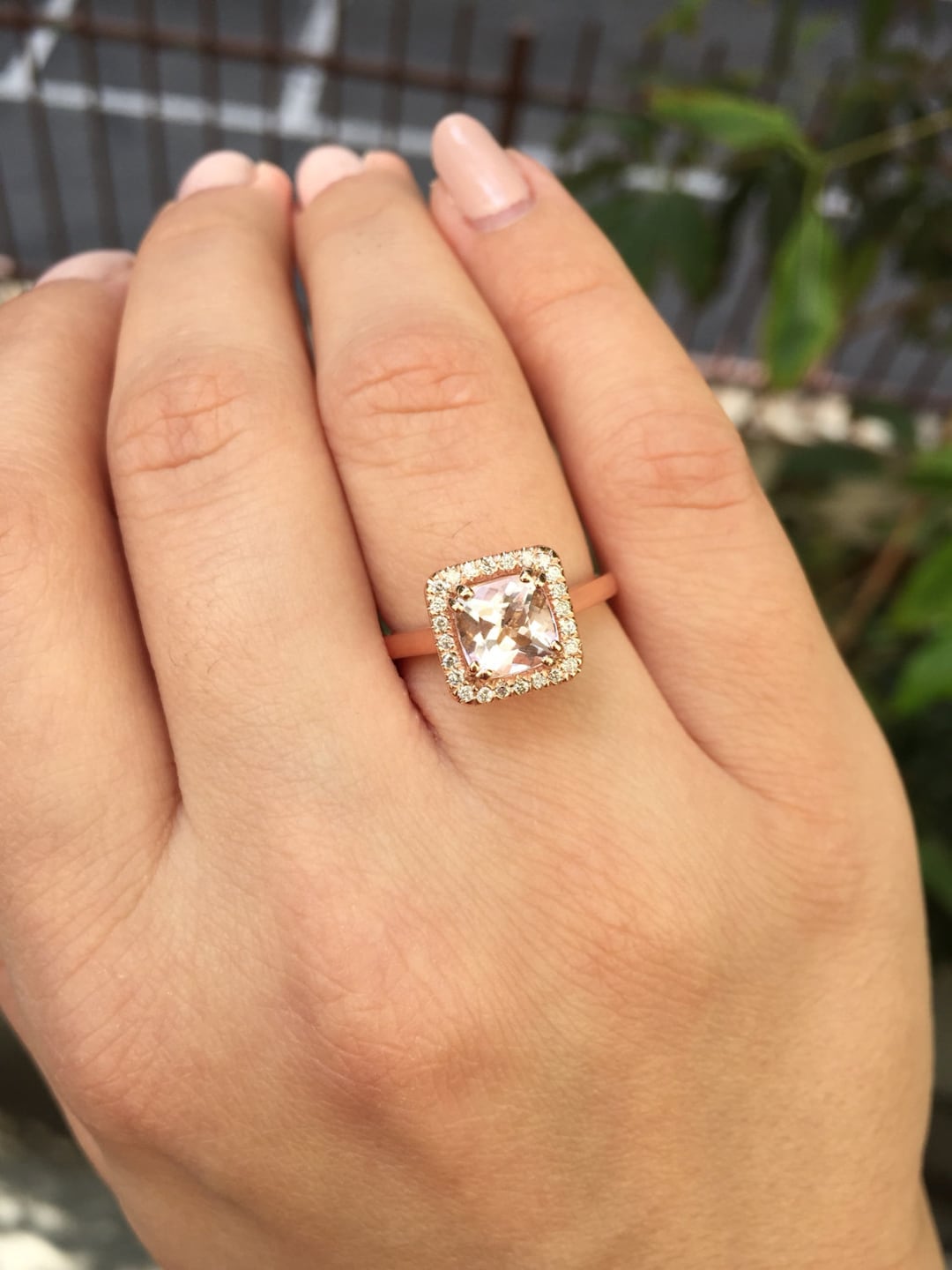 14K Rose Gold Square Cushion Cut Morganite and Diamond Ring Style # ...