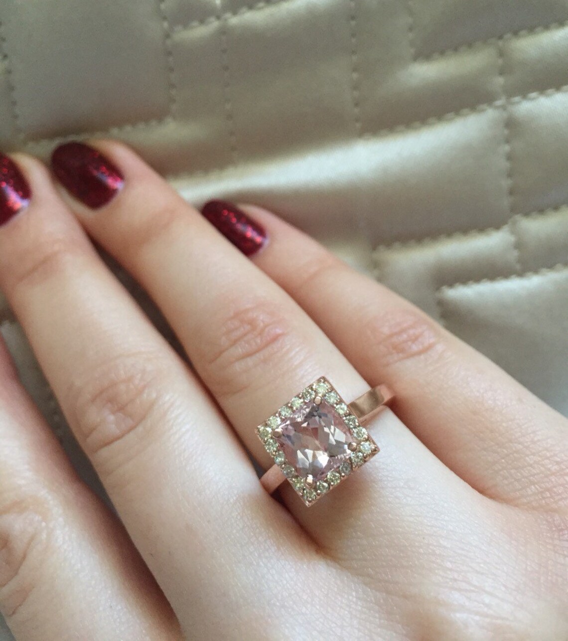 14K Rose Gold White Gold Morganite Ring in Square Setting | Etsy