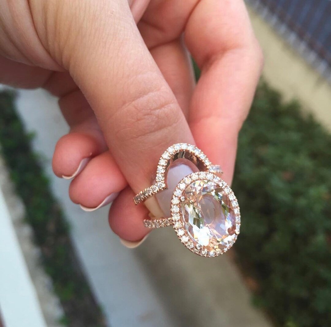 14K Gold Large Oval Cut Morganite Ring Style #L5034 W/ Matching Wedding ...