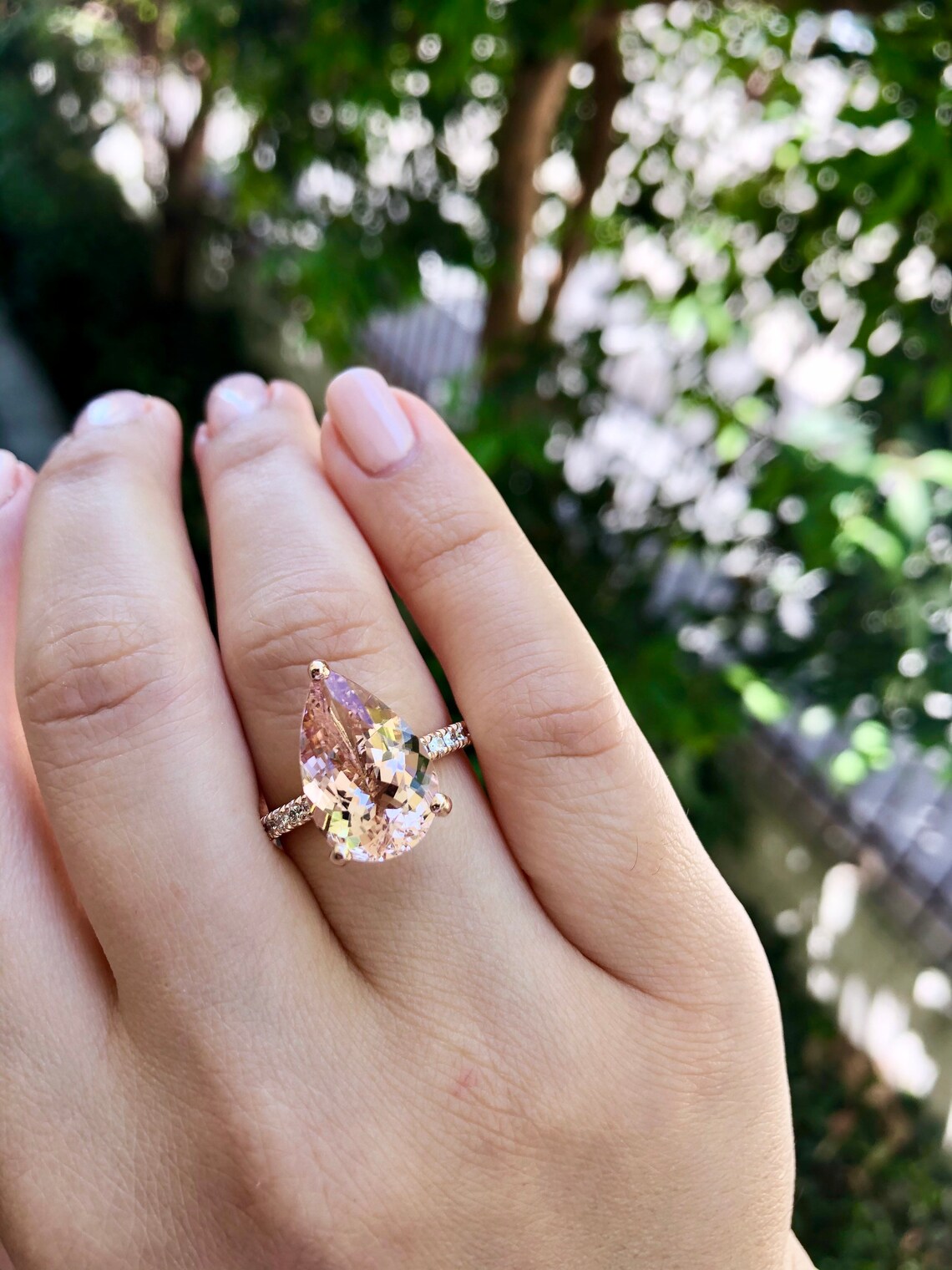 14K Pear Shape Morganite Ring With Accented Diamond Stones - Etsy