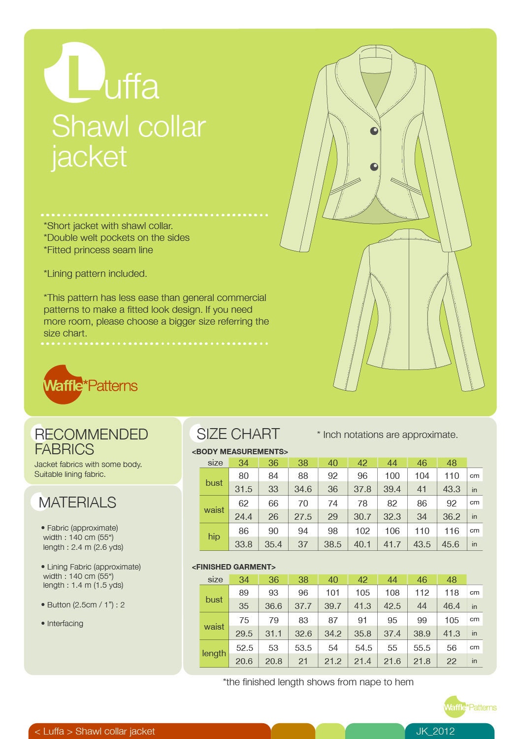 PDF Sewing Pattern. Women Shawl Collar Jacket luffa size - Etsy